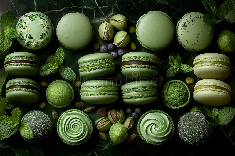 AI-generated Illustration of Assorted Green Macarons with Nuts and ...