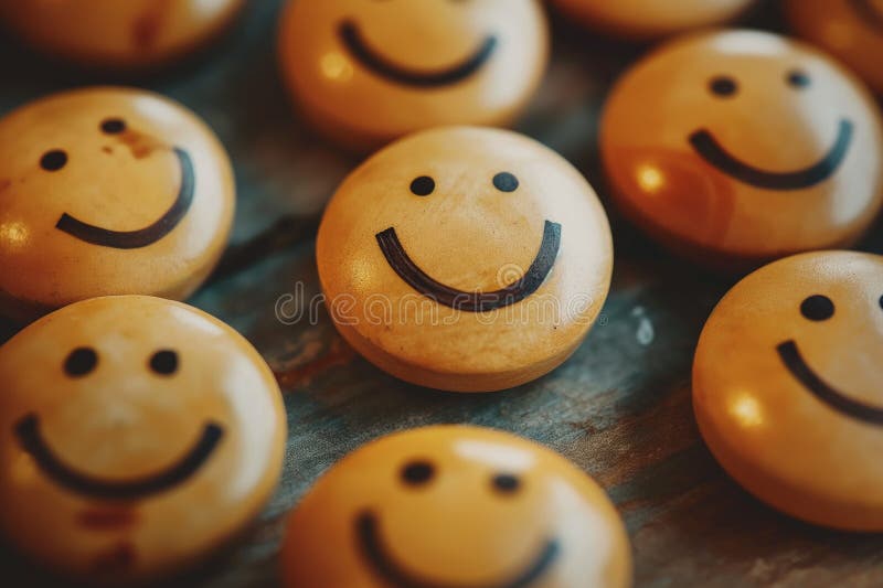 AI Generated Illustration of Assorted Smiley Faces on a Wooden Table ...