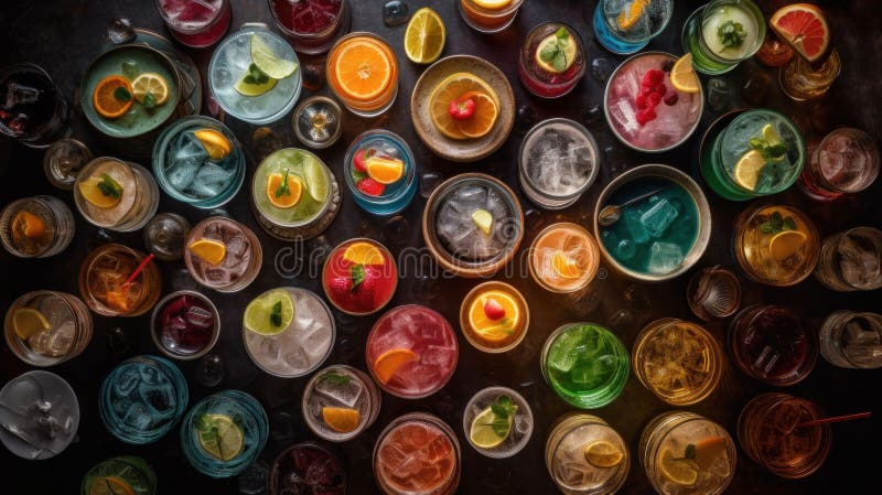 Many Glasses of Different Colors and Sizes with Drinks in Them Stock ...