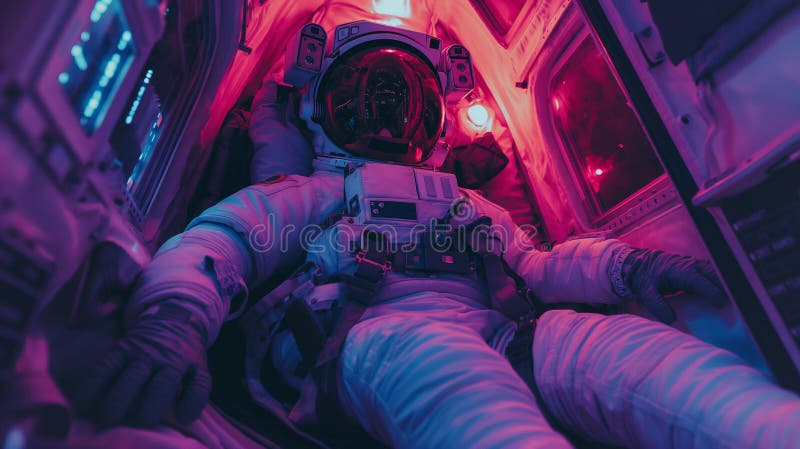 Astronaut in Space Suit Sitting Inside a Space Shuttle and Looking at ...
