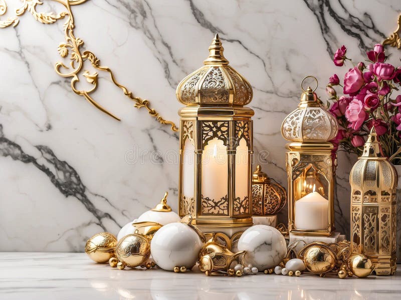 Atmospheric Ramadan and Eid Concept Design in Gold with Lanterns, Decor ...