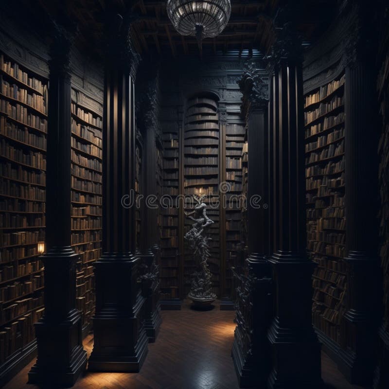 A Dimly Lit Library with Bookshelves and a Chandelier. Generative AI ...