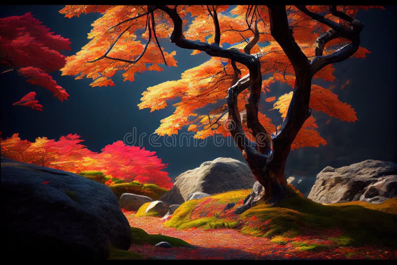 AI-generated Illustration of an Autumn-colored Tree Surrounded by Rocks ...