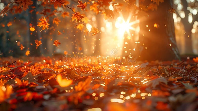 Fall Sunset Leaves Falling from Trees in a Park with Warm Sunlight ...