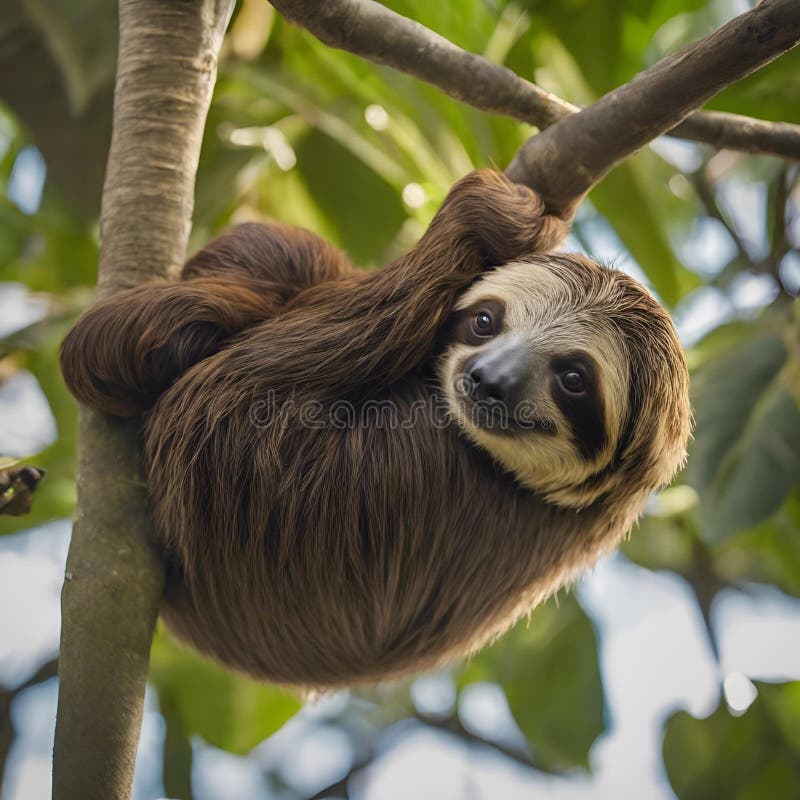 AI Generated Illustration of a Baby Sloth Clings To a Tree Branch in ...