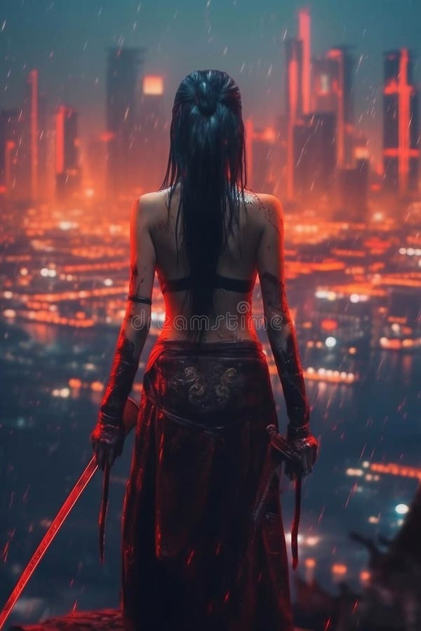 A Back View of a Female with a Sword Stock Illustration - Illustration ...