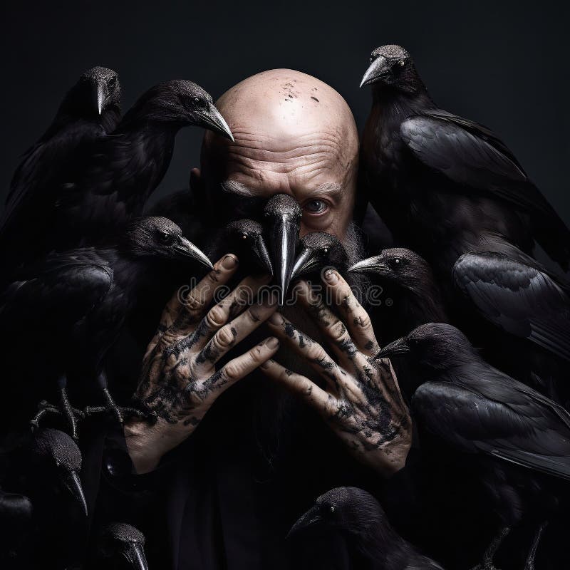 A Bald Man with His Hands Covering His Face with Crows All Around Stock ...
