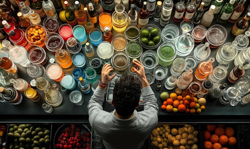 AI Generated Illustration of a Bartender Preparing Cocktails at a Busy ...