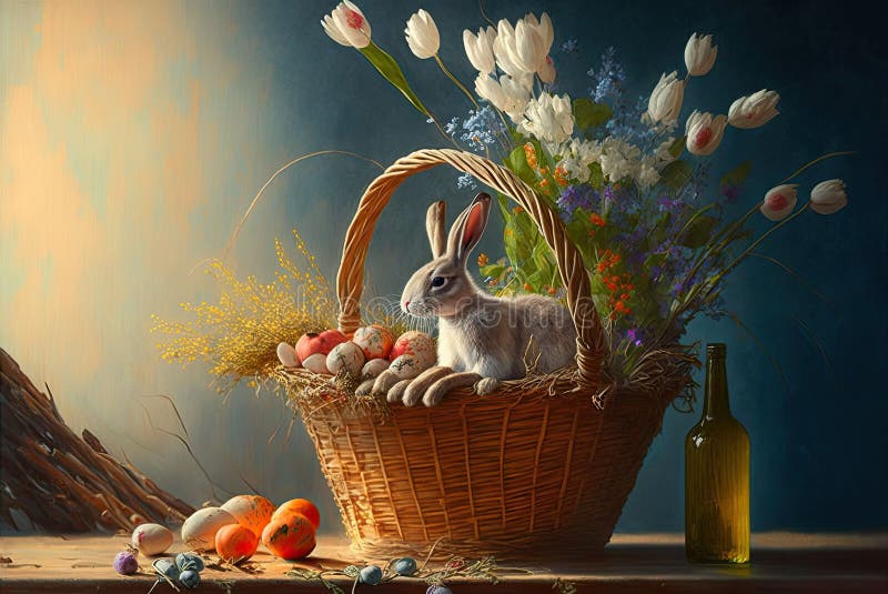 AI-generated Illustration of a Basket Full of Colorful Easter Eggs and ...