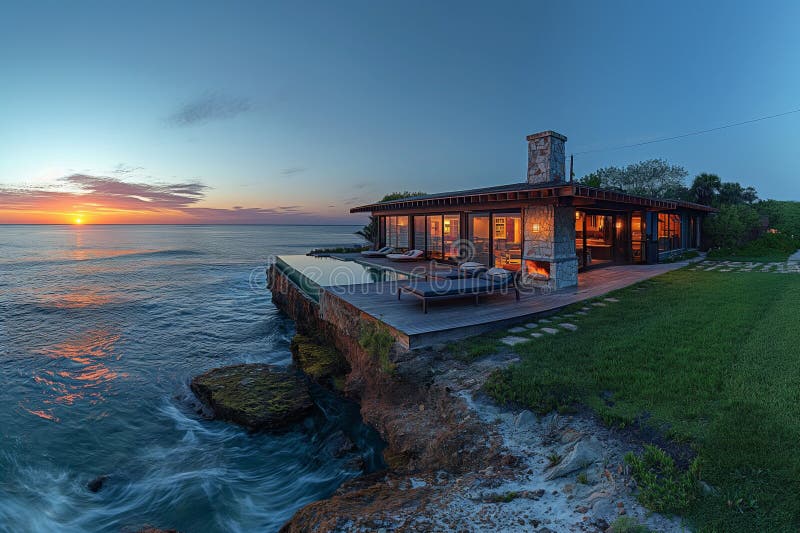 AI Generated Illustration of a Beachfront Building at Sunset on the ...