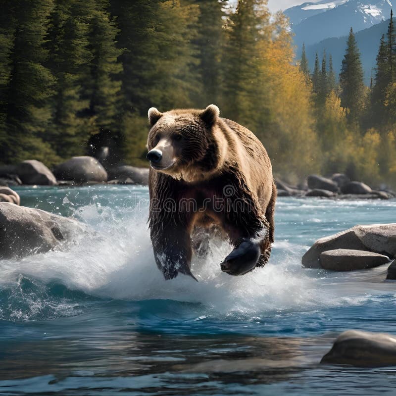 Bear Running Across Water with Rocks in Front of Trees and Mountains ...