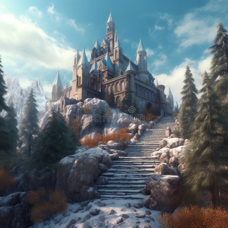 AI Generated Illustration of a Beautiful Castle Up a Staircase in a ...