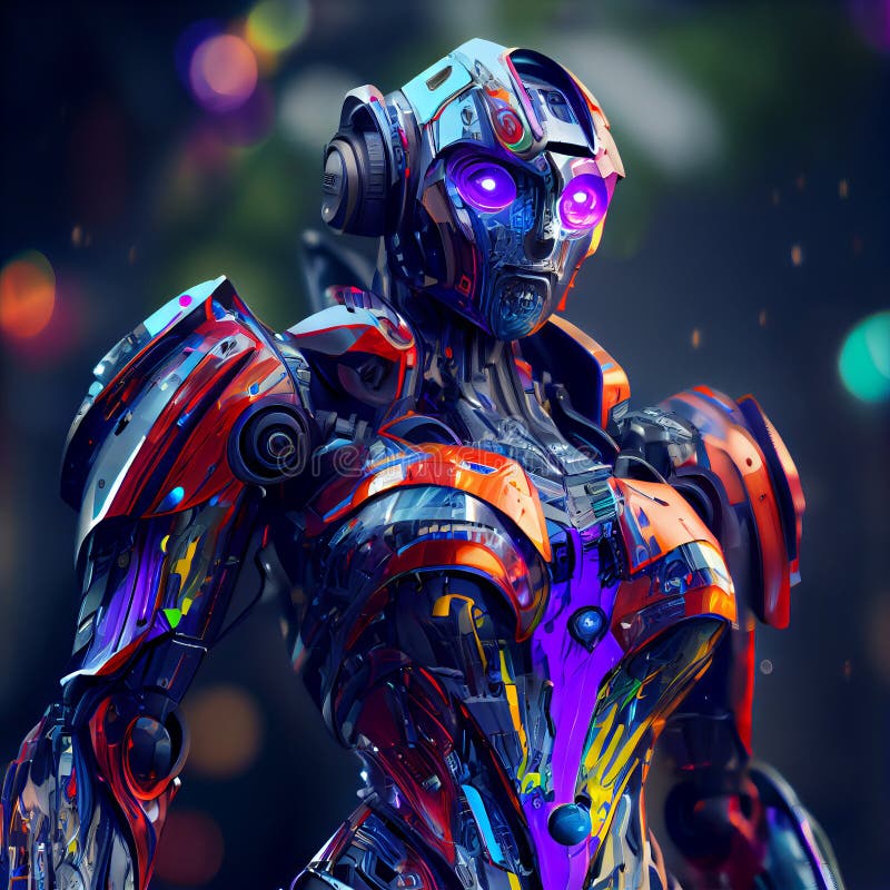 AI Generated Illustration of Beautiful Female Cyborg with Colored Armor ...