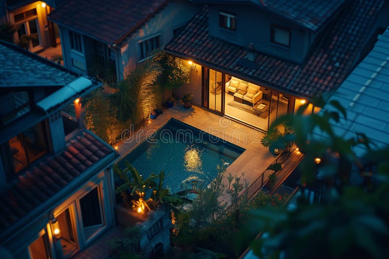 A Nice House with a Pool on the Backyard at Night Stock Illustration ...