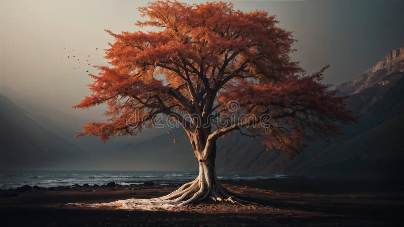 Tree by the Sea in the Fall Stock Image - Image of waves, lone: 316419481