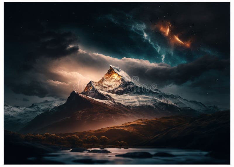 AI Generated Illustration of a Beautiful Mountain Peak at Night with ...