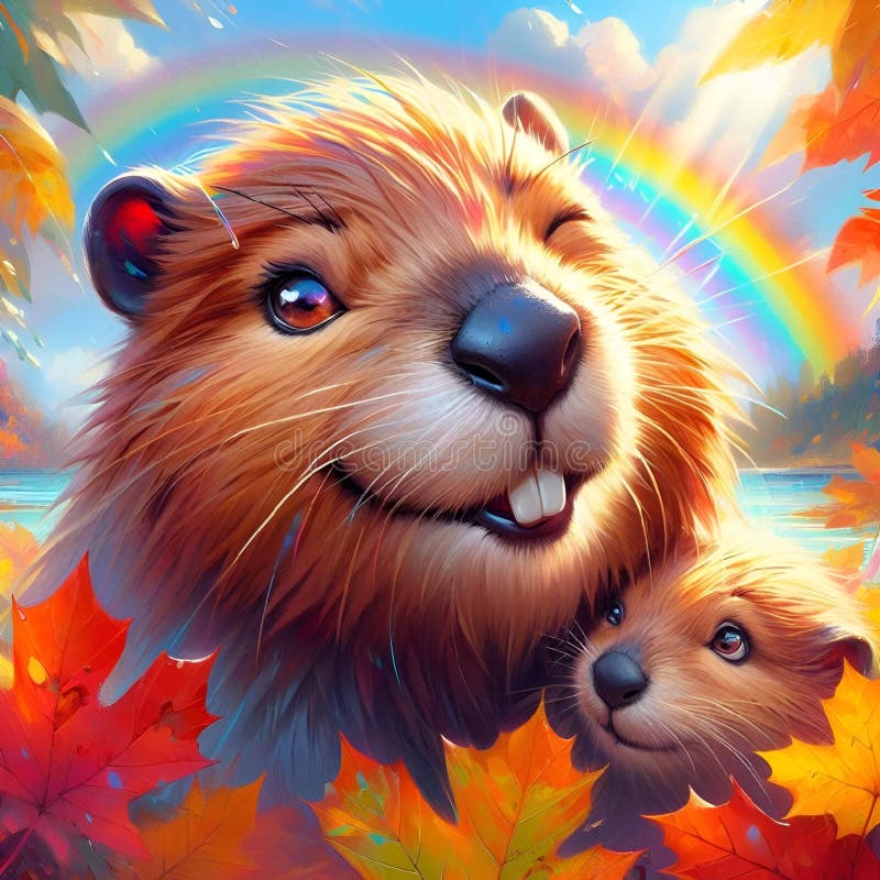 AI Generated Illustration of Beavers with Rainbow Backdrop Stock ...