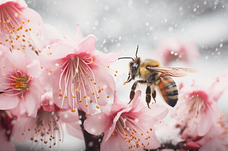 AI Generated Illustration of a Bee Atop a Fragrant Blossom on a Tree Branch, Basking in the ...