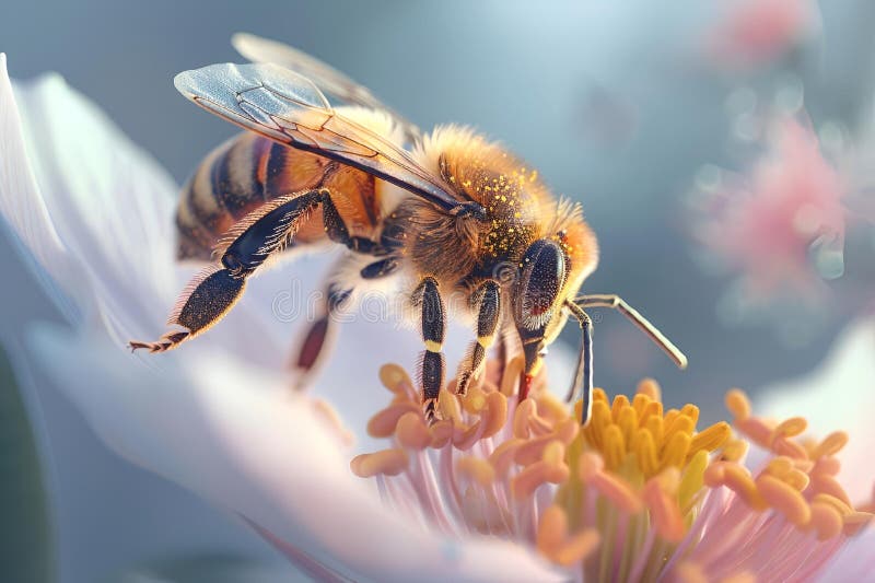 A Bee Drinking Nectar from a White Flower that Has a Yellow Centre ...