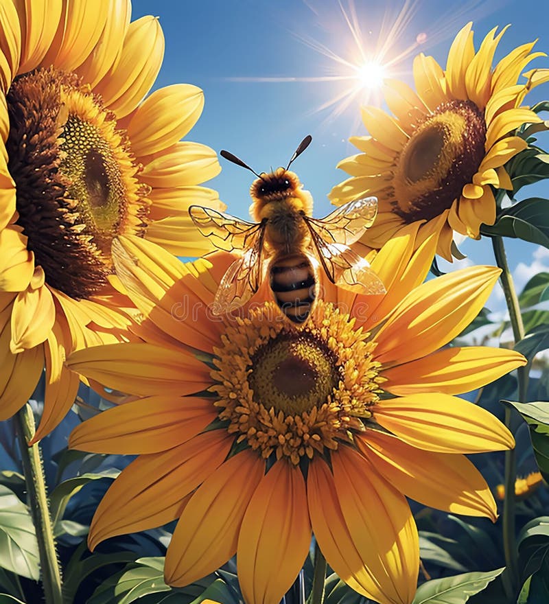 AI Generated Illustration of a Bee Perched on a Sunflower Under the ...