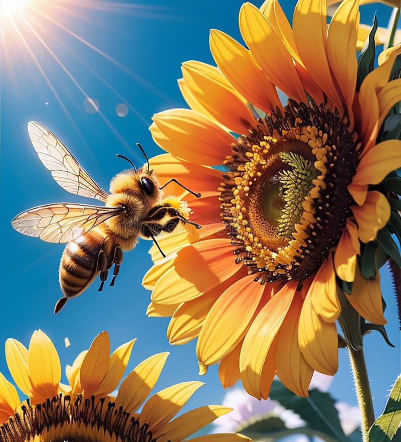 AI Generated Illustration of a Bee Perched on a Sunflower Under the ...