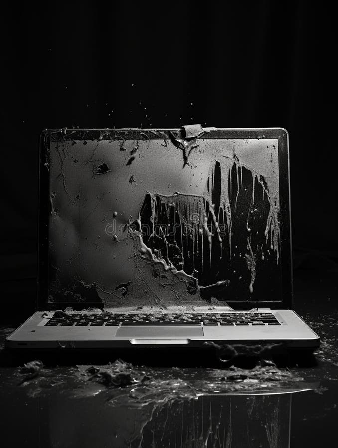AI Generated Illustration of a Black Broken Laptop Computer in a Dark ...