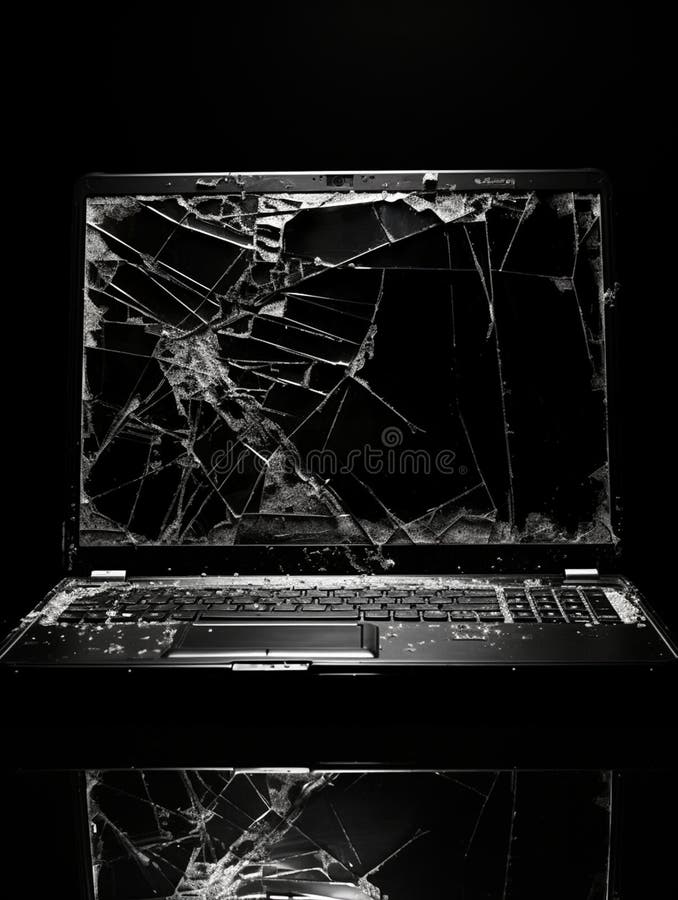 AI Generated Illustration of a Black Broken Laptop Computer in a Dark ...