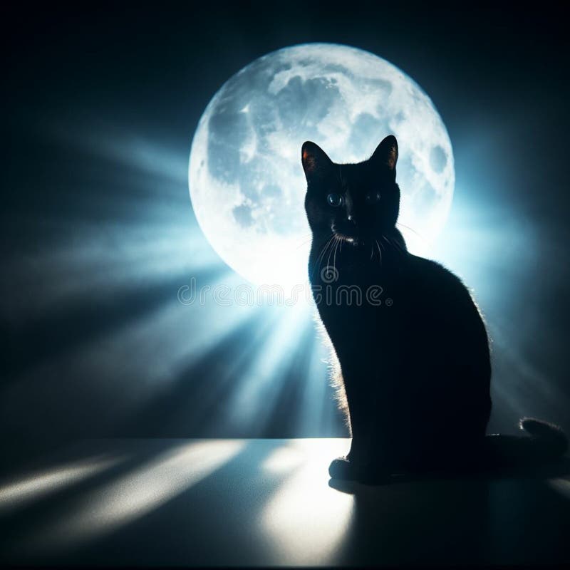 Illustration of a Black Cat in the Spotlight, in Front of a Full Moon ...