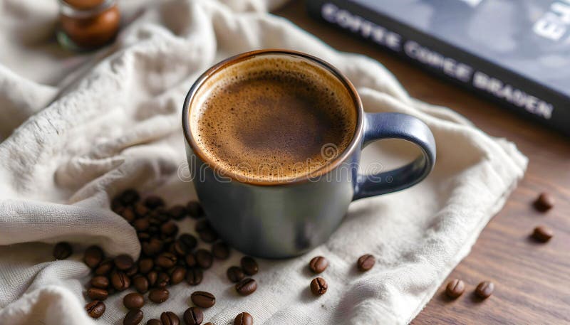 AI-generated Illustration of a Black Coffee Mug on a Soft Beige Fabric Stock Illustration ...