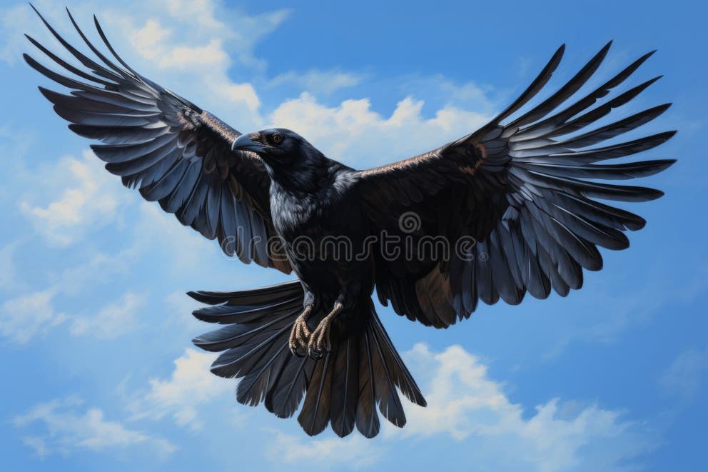 AI Generated Illustration of a Black Crow Soaring through a Blue Sky ...