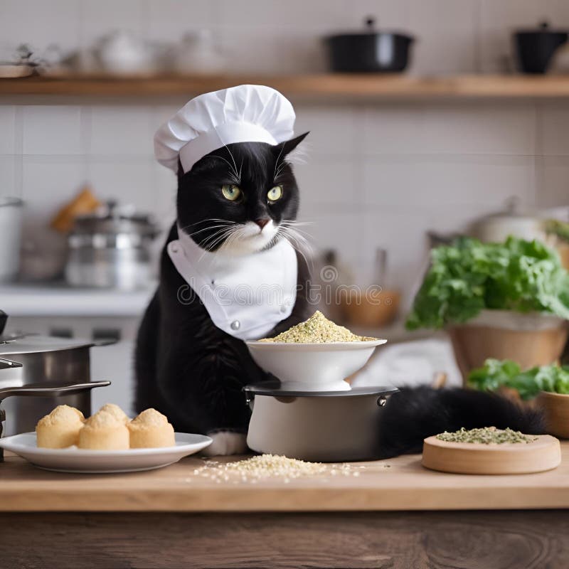 AI Generated Illustration of a Black and White Cat Cooking in a Kitchen ...