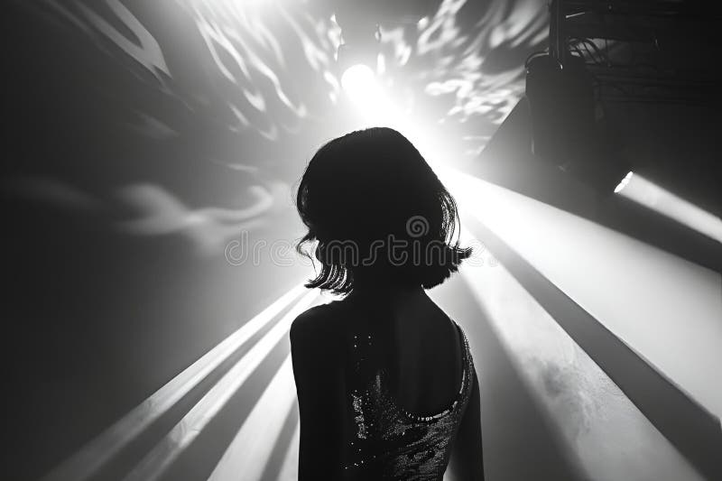Woman Watching Stage Lights and Light Trails through Her Head in Black ...