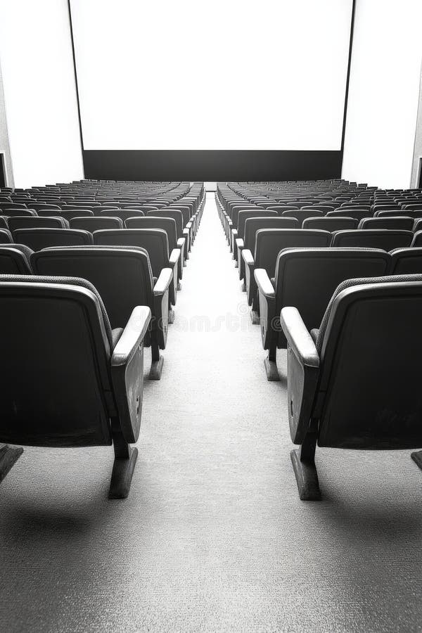Black White Photograph of Empty Cinema Hall Rows of Seats Facing Blank ...