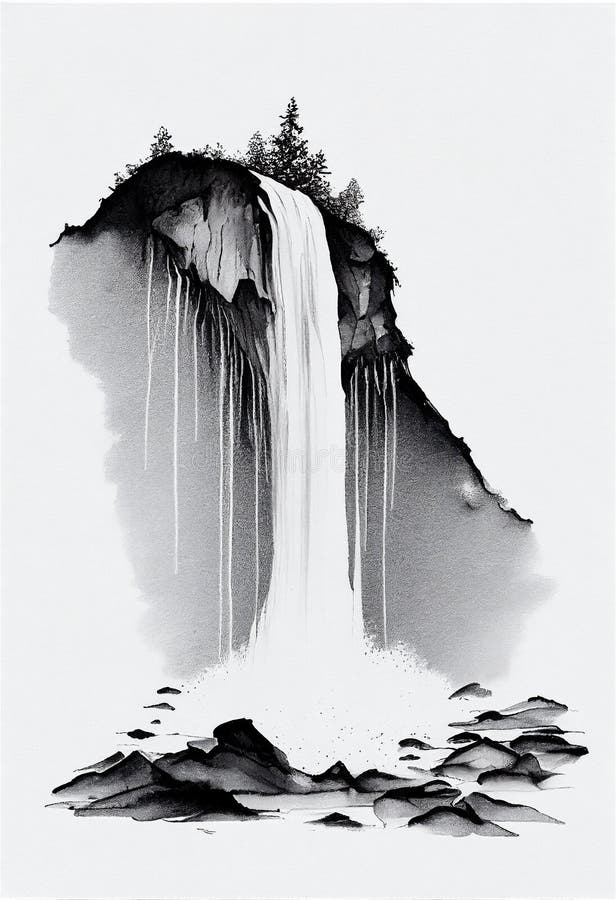 Waterfall Black And White Drawing