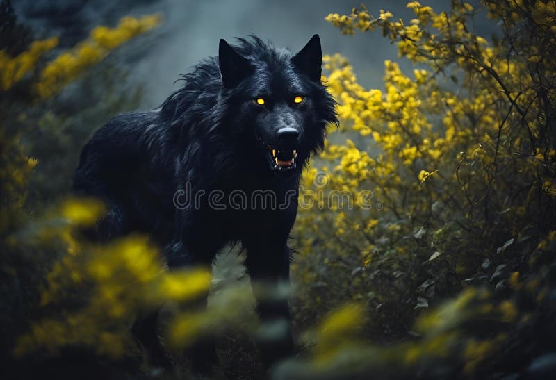 AI-generated Illustration of a Black Wolf with Glowing Yellow Eyes ...