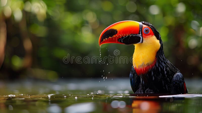 AI Generated Illustration of a Black and Yellow Bird Bathing Under a ...