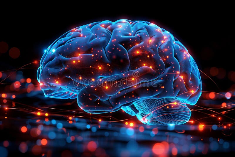 AI Generated Illustration of a Blue Brain on Glowing Surface with Dots ...