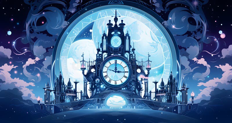 AI Generated Illustration of a Blue Clock Tower Against a Starry Night ...