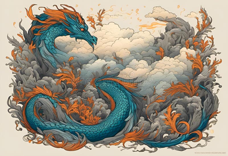 AI Generated Illustration of Blue and Orange Dragon Flying in Sky Over ...