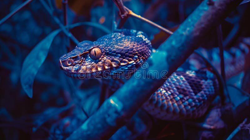 A Blue Snake Laying on Top of Tree Branches with Leaves Stock ...