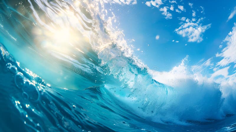 AI Generated Illustration of Blue Water Wave Breaking into Sunlight with a Glowing Light Stock ...