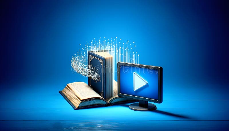 Book, Television and Computer Icons Flying from Open Book with Digital ...