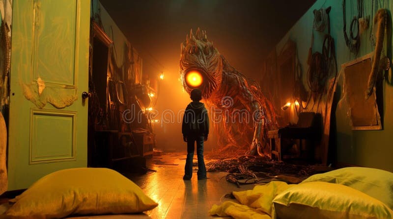 AI Generated Illustration of a Boy in a Room Facing a Monster Stock ...
