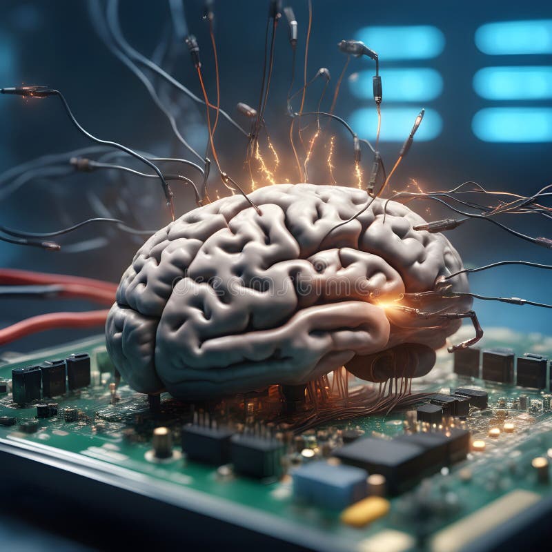 AI Generated Illustration of a Brain with Electronic Wires on a ...