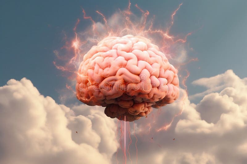 AI Generated Illustration of a Brain in the Sky with Lightning Bolts ...
