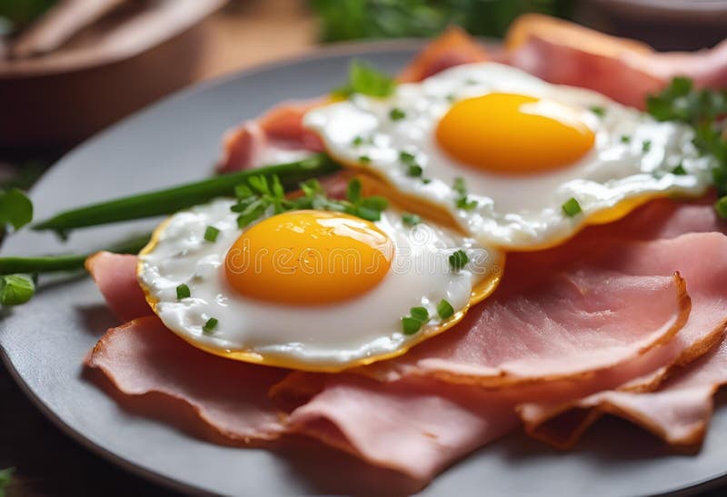 AI Generated Illustration of a Breakfast Plate with Ham, Fried Eggs ...