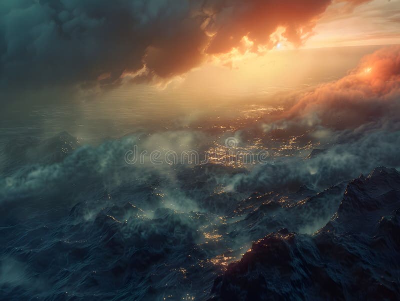 A Breathtaking View Of A Dramatic Ocean Sunset With Dark Clouds And Golden Light Stock