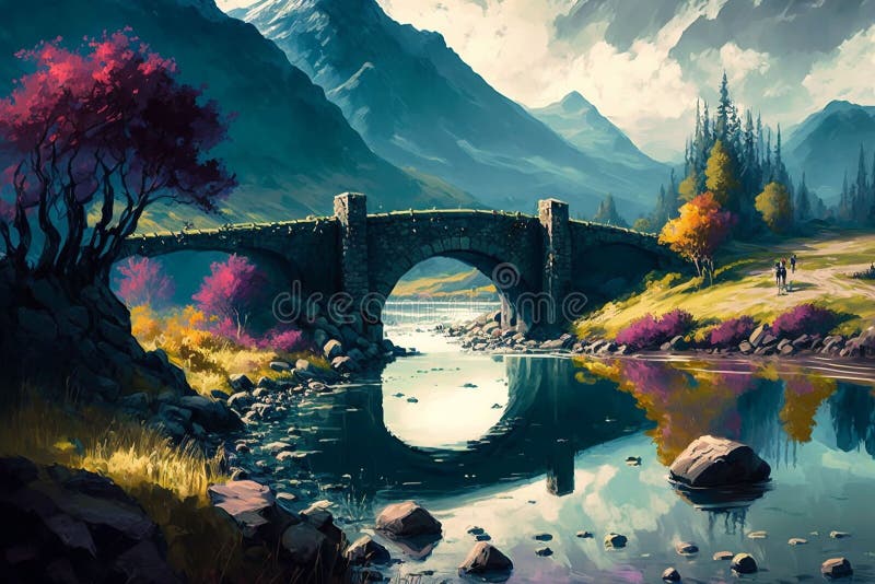 AI Generated Illustration of a Bridge Over the River Stock Illustration ...