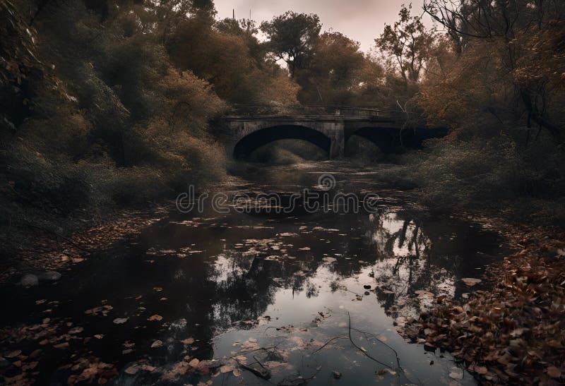A Bridge Over a Stream in an Open Field with Leaves Stock Illustration ...