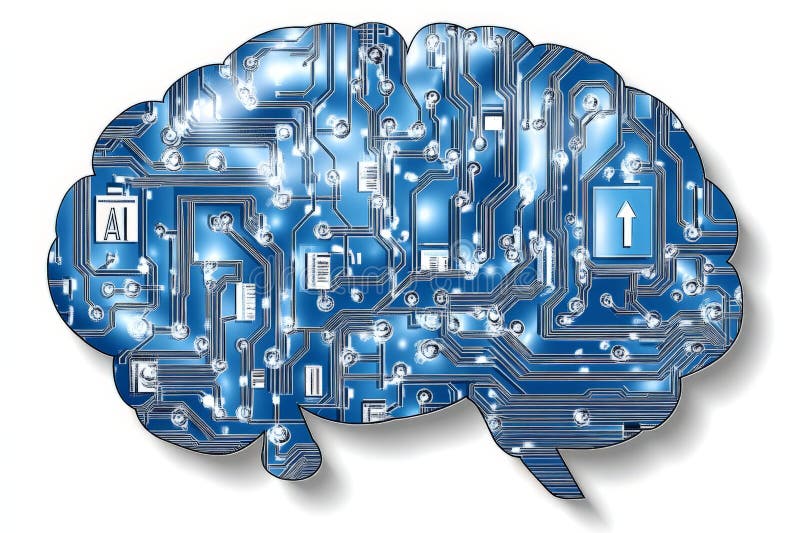 Bright Blue Digital Brain Intricate Circuit Pathways AI Elements ...